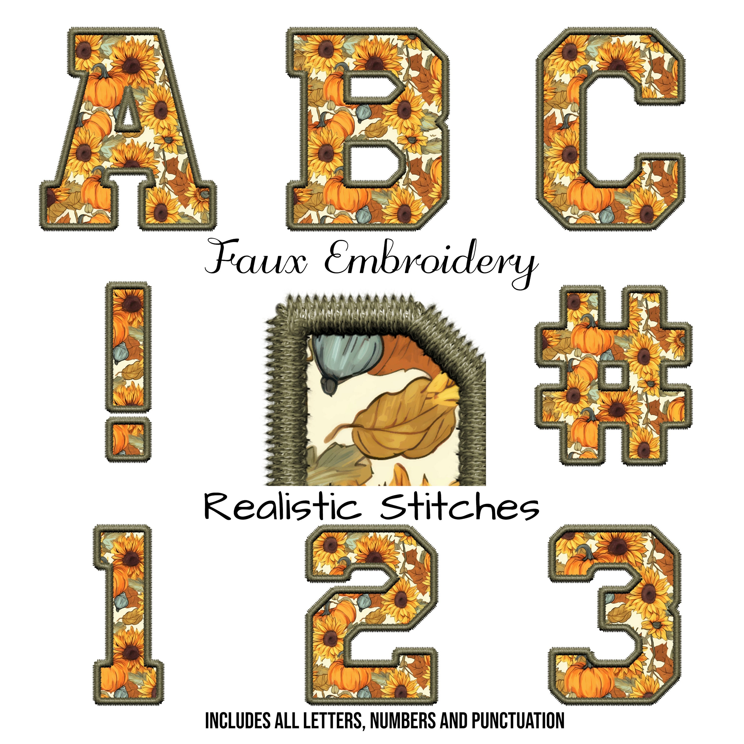 Alphabet Faux Embroidery Fall Floral Sunflower All Letters, Numbers and ...