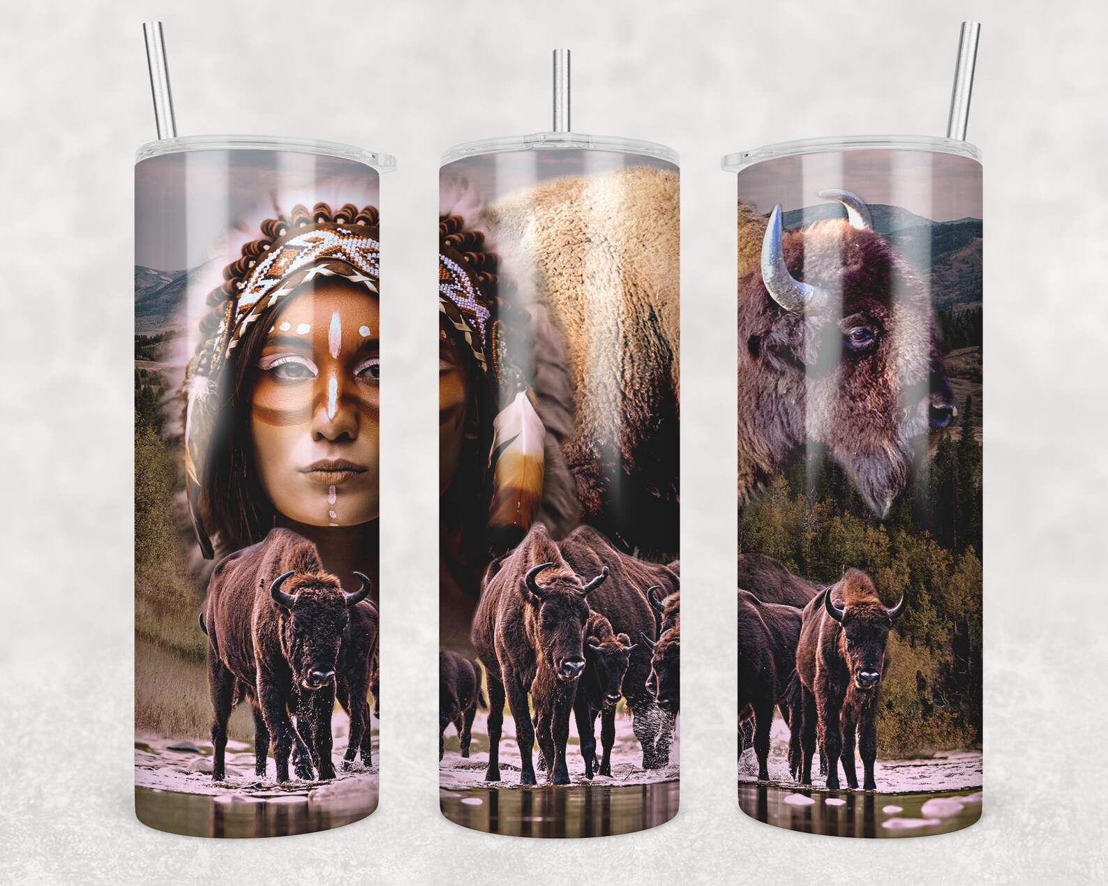 20 Oz Skinny Tumbler Buffalo Mural Native American Bison Sublimation ...