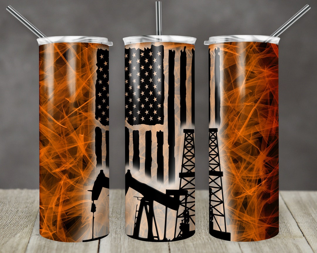 20 Oz Skinny Tumbler Oilfield Oil Rig Orange Smoke Background Flag ...