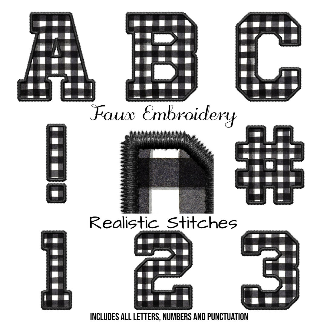 Alphabet Faux Embroidery Black White Plaid Buffalo All Letters, Numbers ...