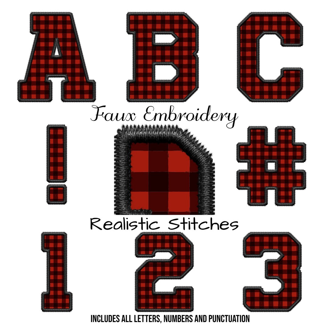 Alphabet Faux Embroidery Red Black Plaid Buffalo All Letters, Numbers ...