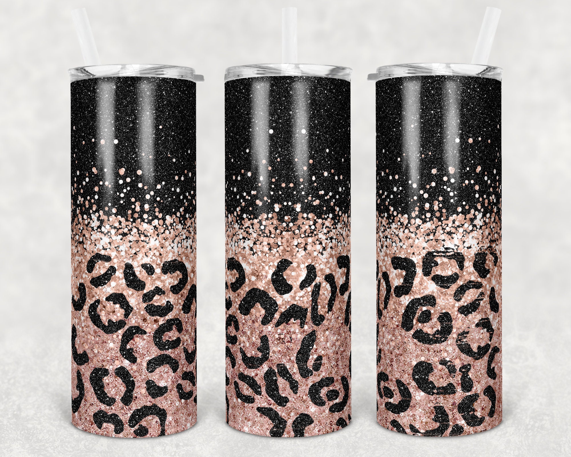 Digital Glitter Black Gold Leopard 20 Oz Skinny Tumbler Sublimation Design Template Straight And 