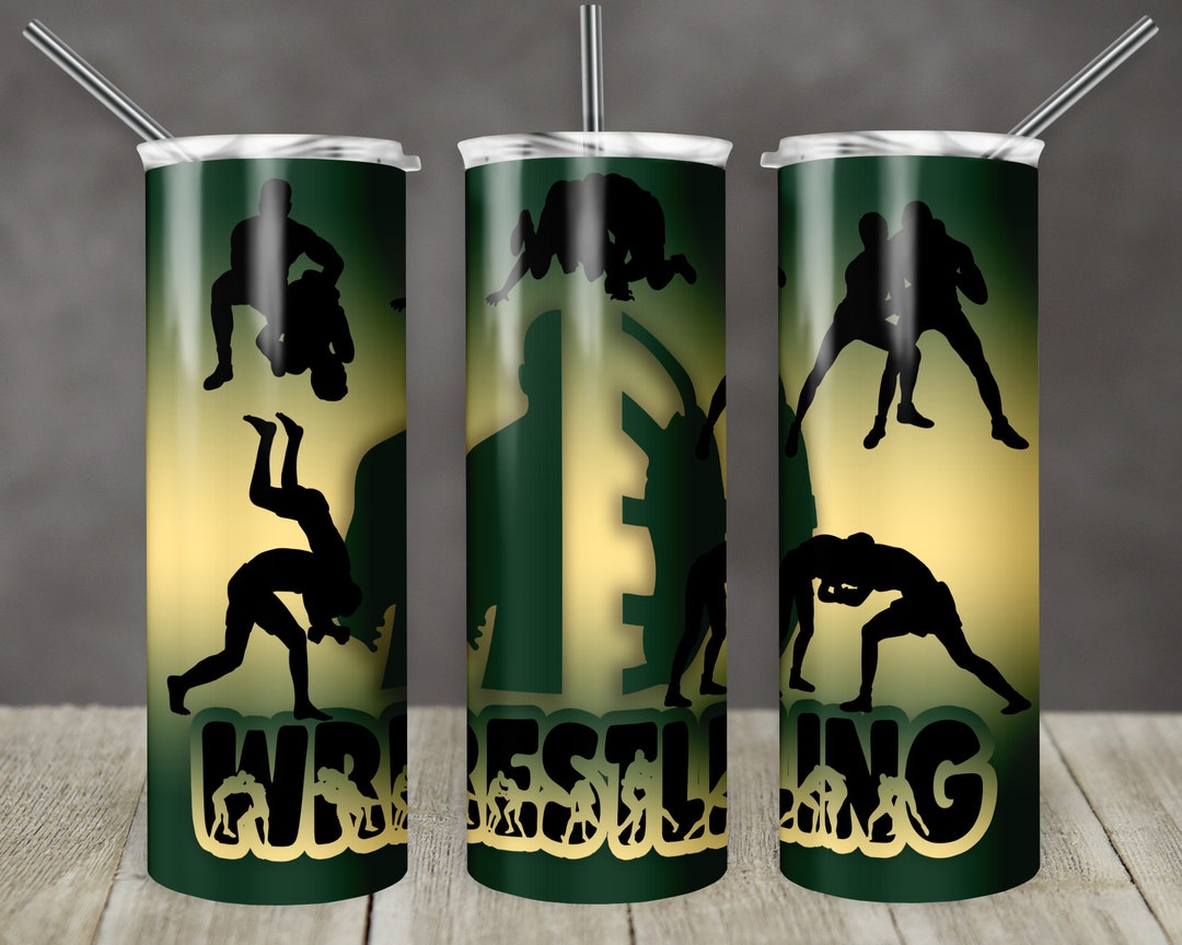 20 Oz Skinny Tumbler Monogram Wrestling Image Green and Gold ...