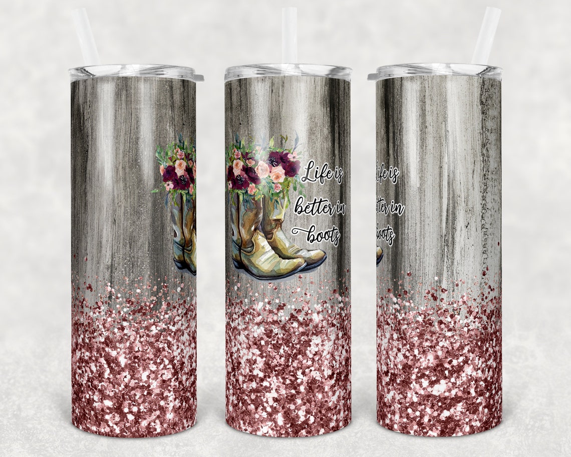 20 Oz Skinny Tumbler Cowboy Boots Rose Gold Floral Life is - Etsy