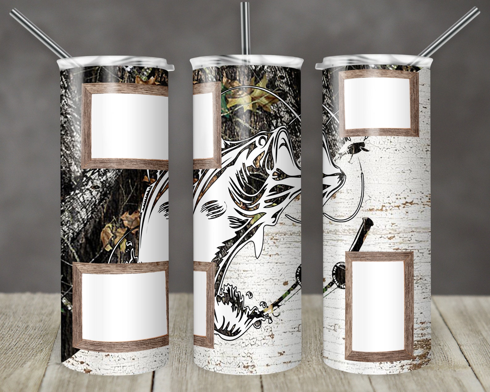 20 Oz Skinny Tumbler Camo Bass Fishing With 4 Photo Frames Sublimation ...
