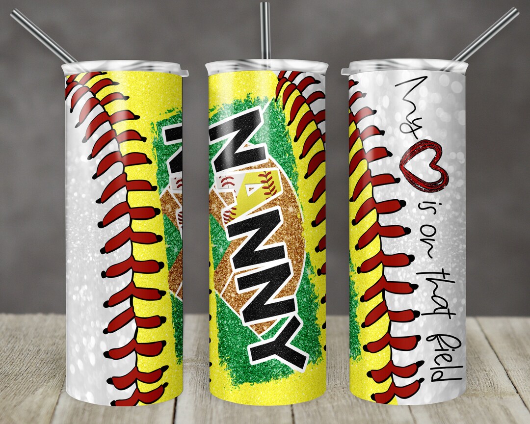 20 Oz Skinny Tumbler Softball Baseball Nanny Glitter Heart on Field ...