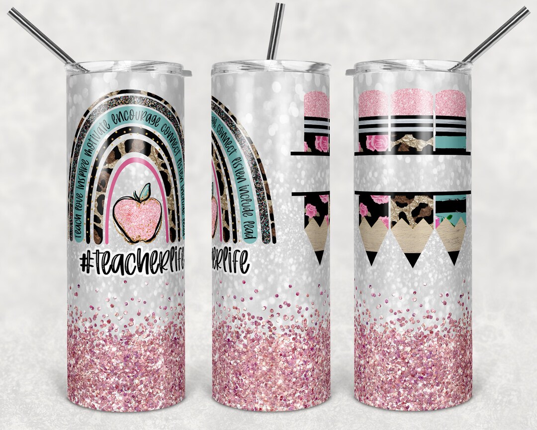20 Oz Skinny Tumbler Rainbow Pink Glitter Teacher Tumbler Full Pencils ...