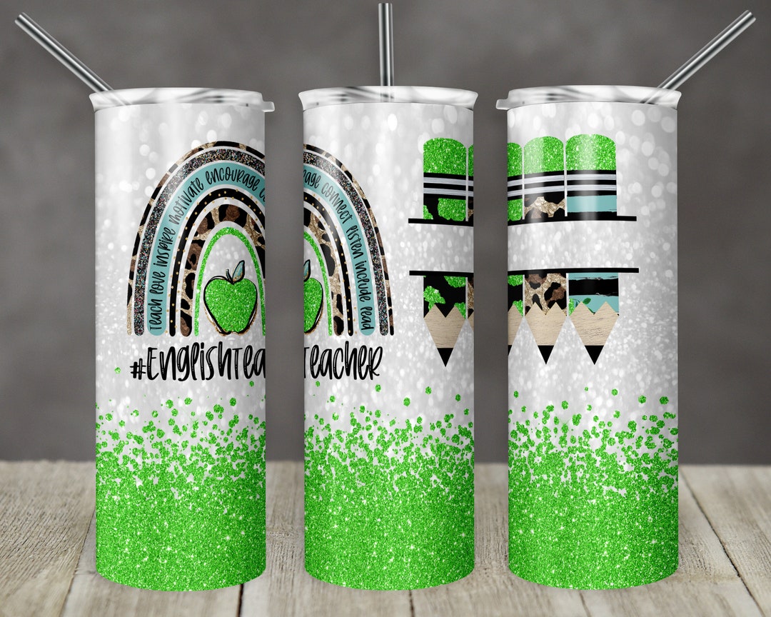 20 Oz Skinny Tumbler Rainbow Glitter English Teacher Tumbler Lime Green ...
