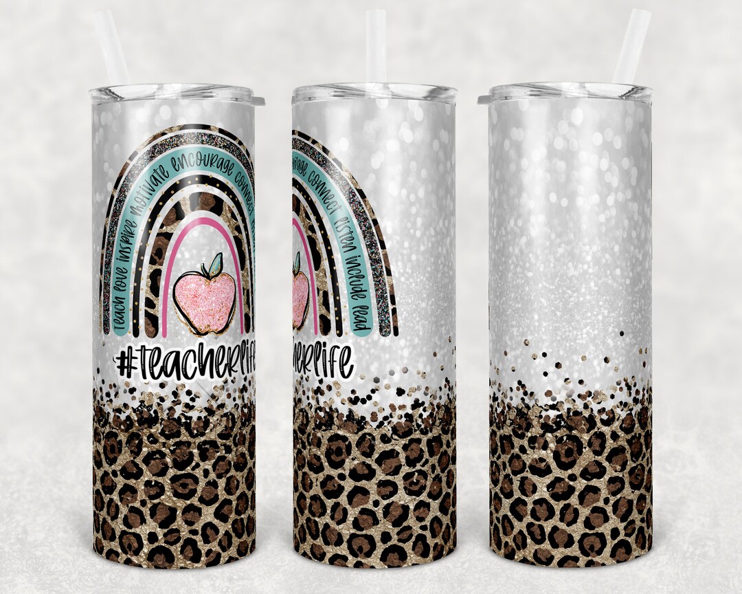 20 Oz Skinny Tumbler Rainbow Leopard Glitter Teacher Tumbler Teacher ...