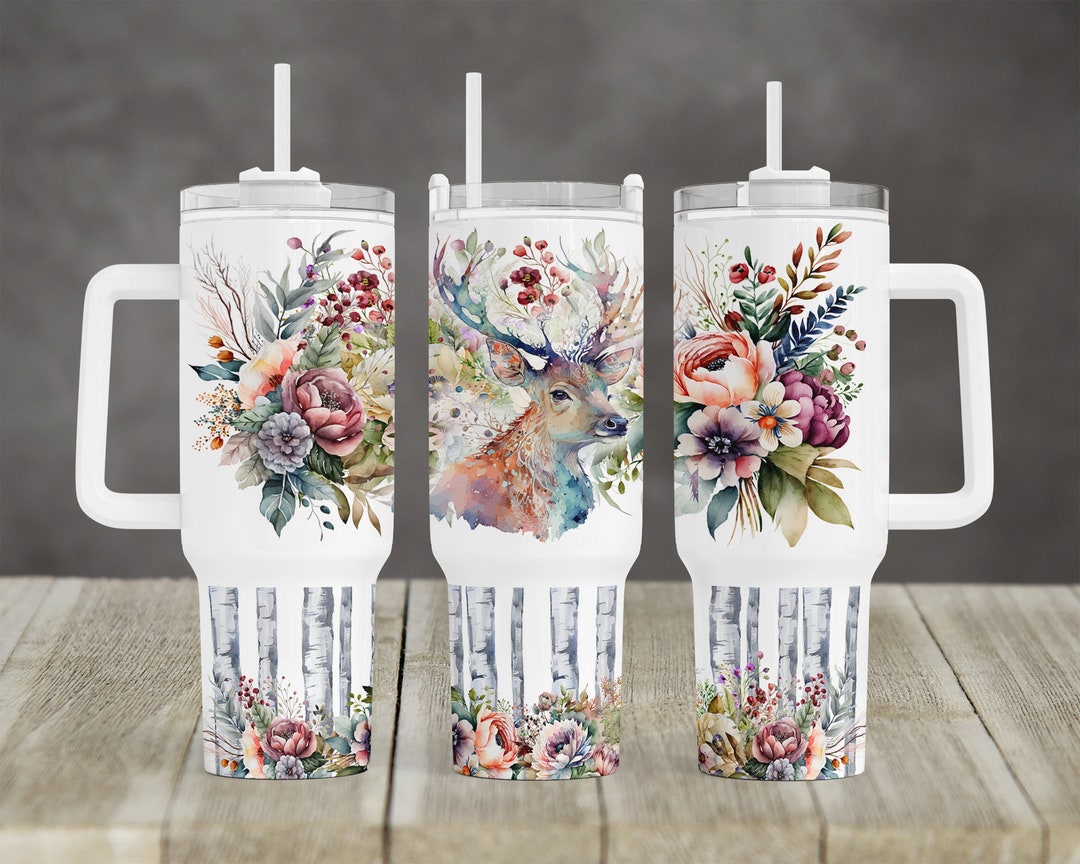 Pretty Floral Woodland Deer Pattern Design 40 Oz 2 Piece Tumbler ...