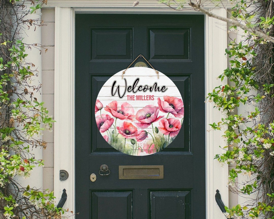 Round Door Hanger Spring Poppies Pink Welcome Personalize by Adding a ...