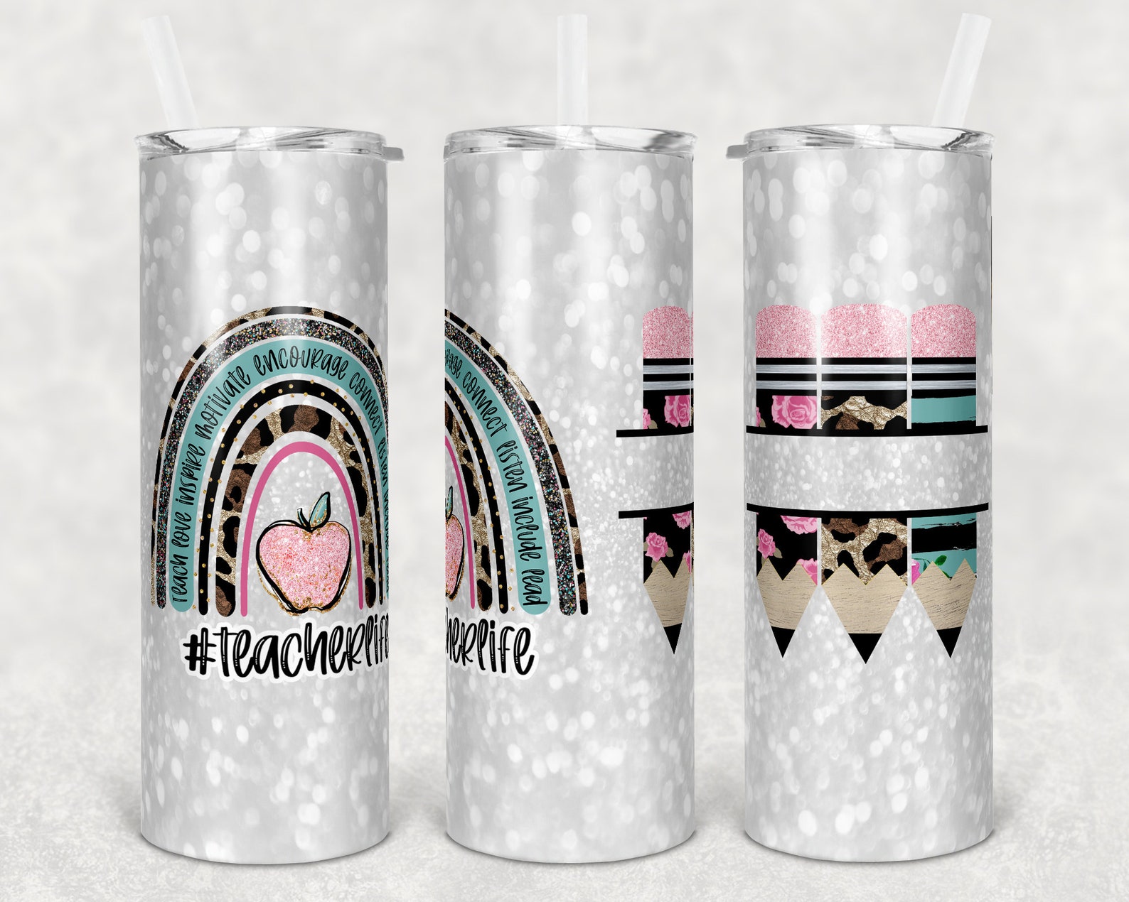 20 Oz Skinny Tumbler Rainbow Leopard Glitter Teacher Tumbler Pencil ...