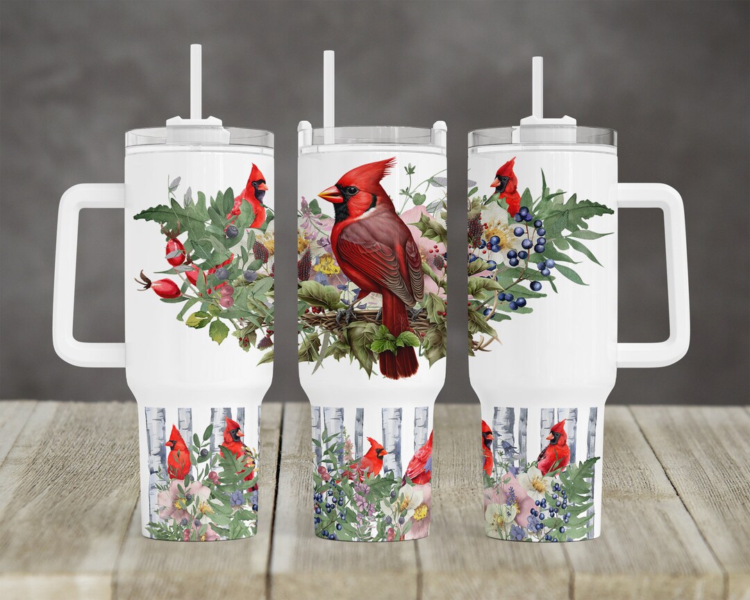 Pretty Floral Woodland Cardinal Red Cardinals Bird Pattern Design 40 Oz ...