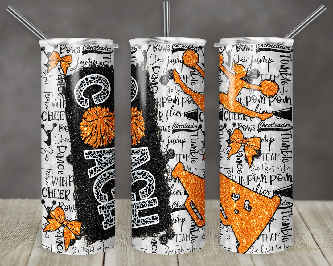 20 Oz Skinny Tumbler Cheer Coach Glitter Leopard and Orange Sublimation ...