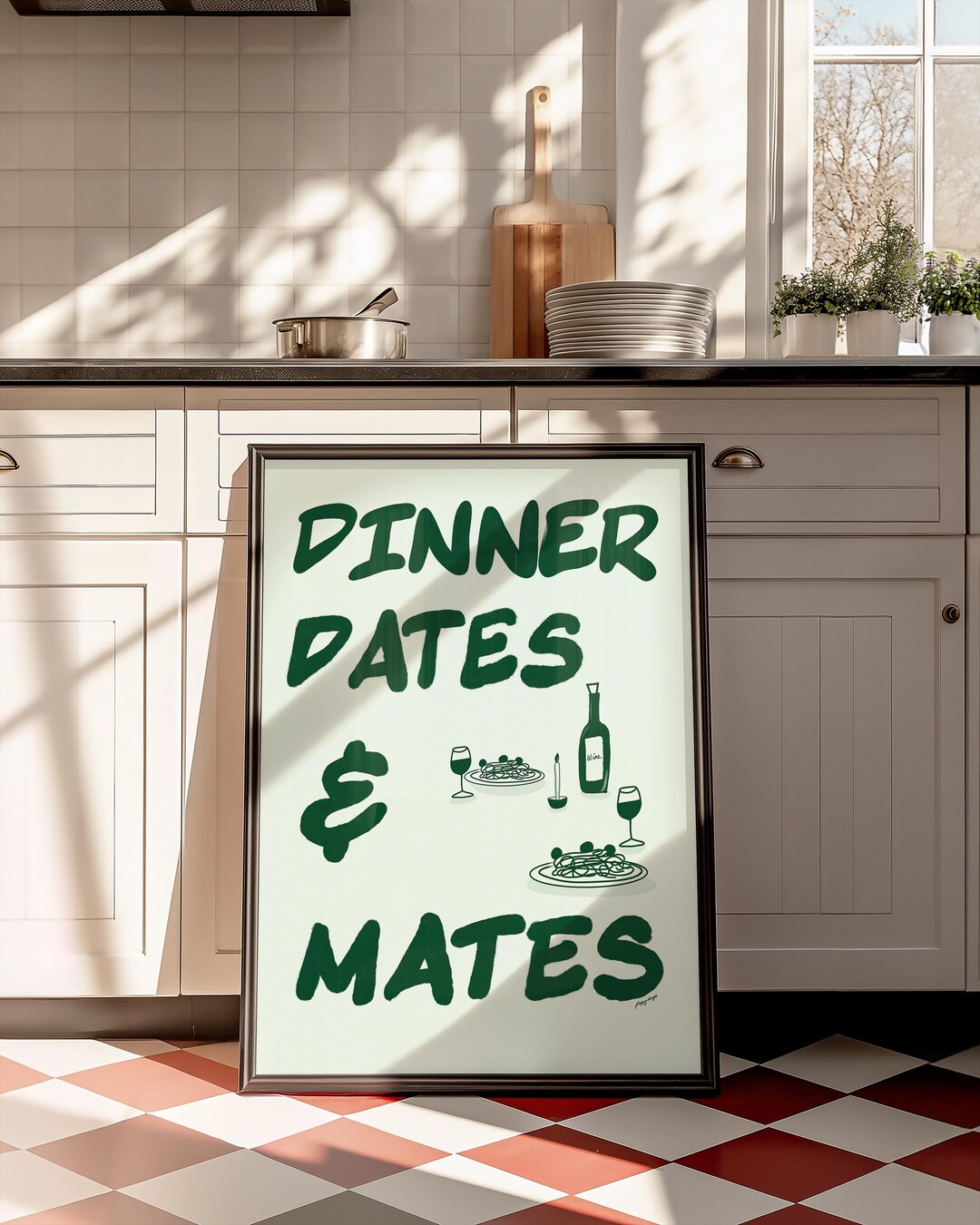Dinner Dates & Mates Print, Kitchen Poster, Dinner Print, Hand Drawn ...