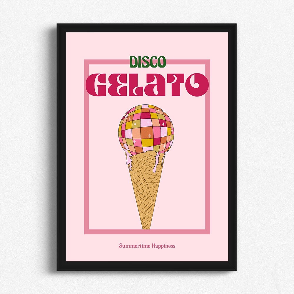Disco Gelato Disco Ball Ice Cream Cone Illustration Print Retro Summer ...
