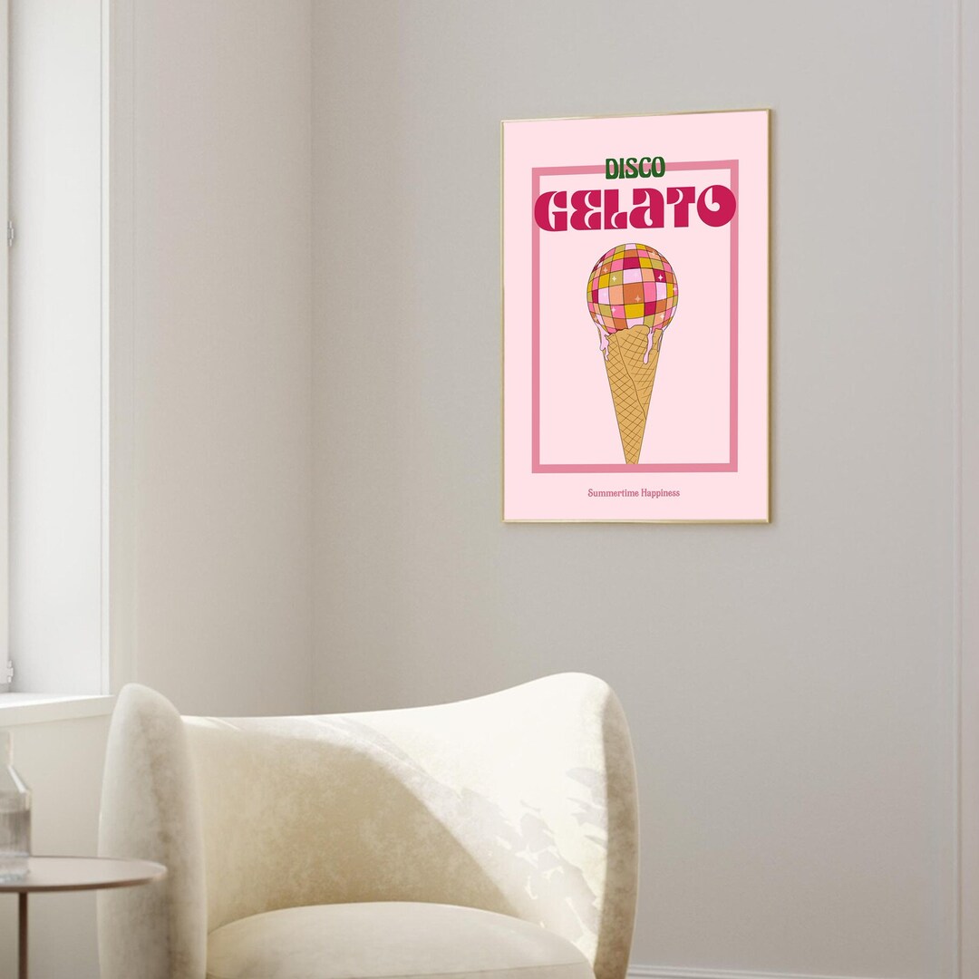 Disco Gelato Disco Ball Ice Cream Cone Illustration Print Retro Summer ...