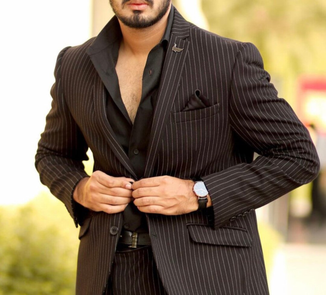 MEN STRIPE SUIT 2 Piece Formal Fashion Elegant Office Party Wear Slim ...