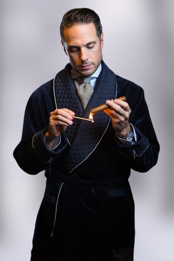 Men Smoking Jacket Luxury Quilted Robe De Chambre Classic Blue - Etsy