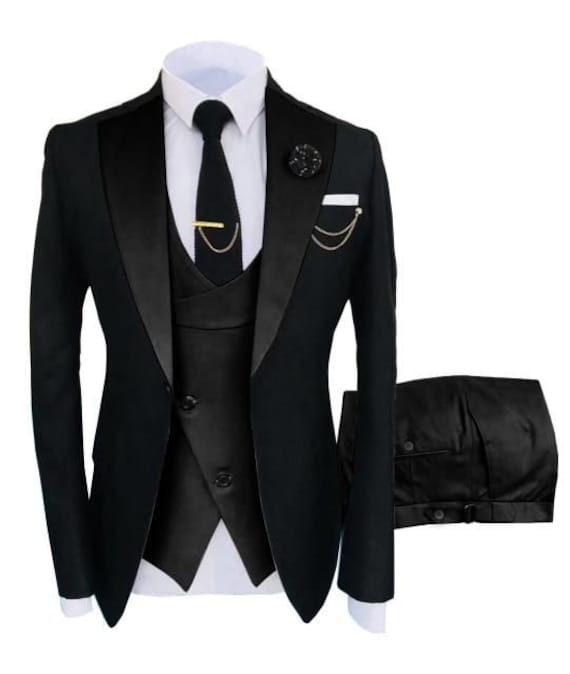 Men Suits Black 3 Piece Tuxedo Designer Formal Fashion Wedding Etsy