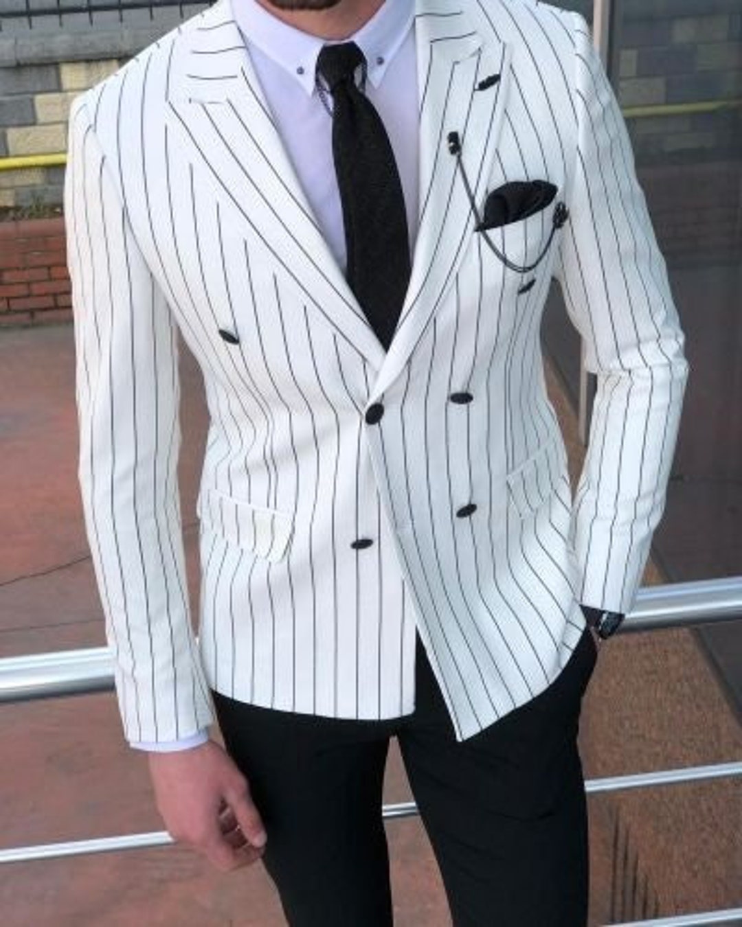 MEN Stripe 2 Piece White Formal Fashion Elegant Slim Fit Prom Party ...