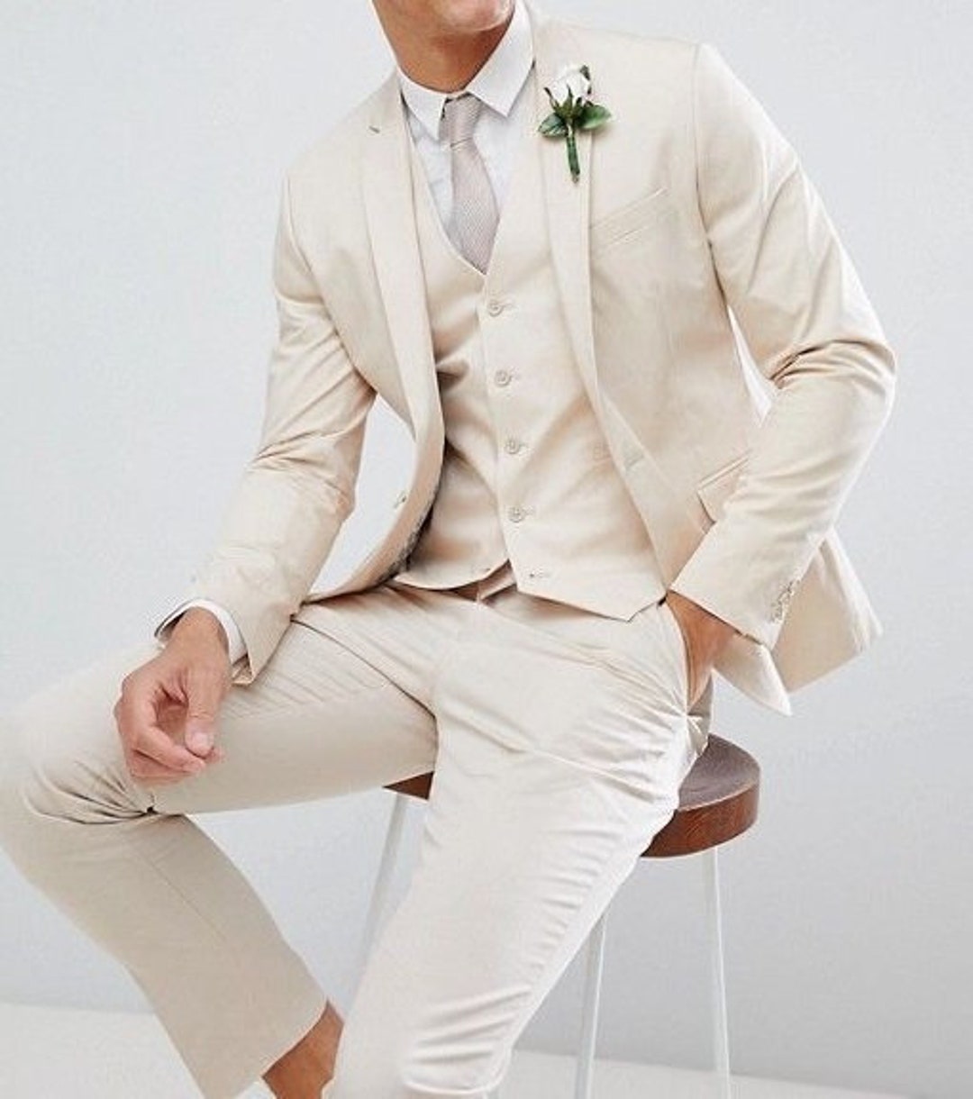 Men Wedding Suit Cream 3 Piece Formal Tuxedo Slim Fit Party Wear Groom