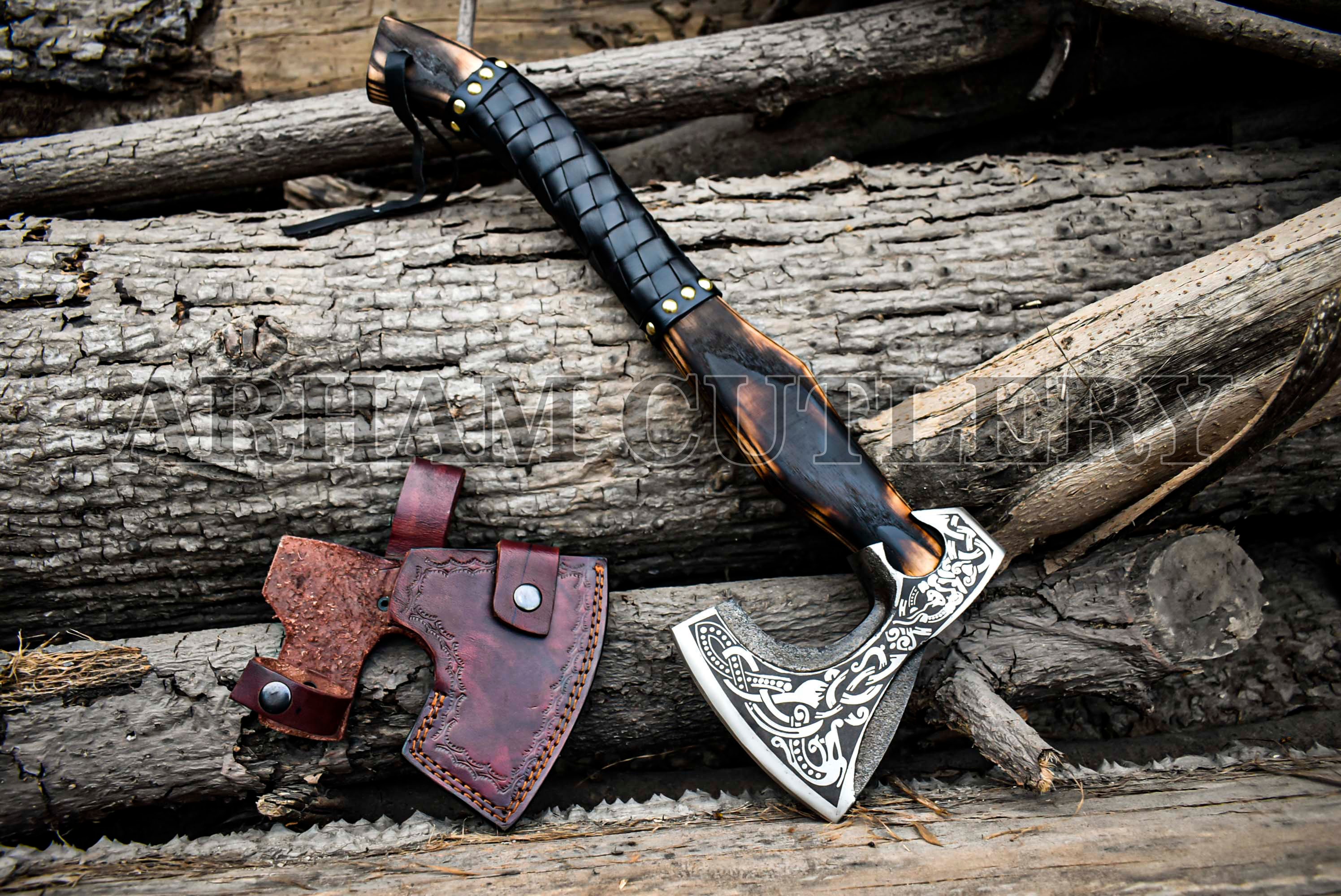 Beautiful Custom Handmade Viking Axe With Leather Sheath Tools Craft ...