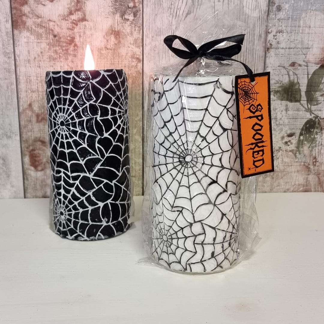SPIDERWEB PILLAR CANDLE White Unscented Halloween, All Hallow's Eve Web ...