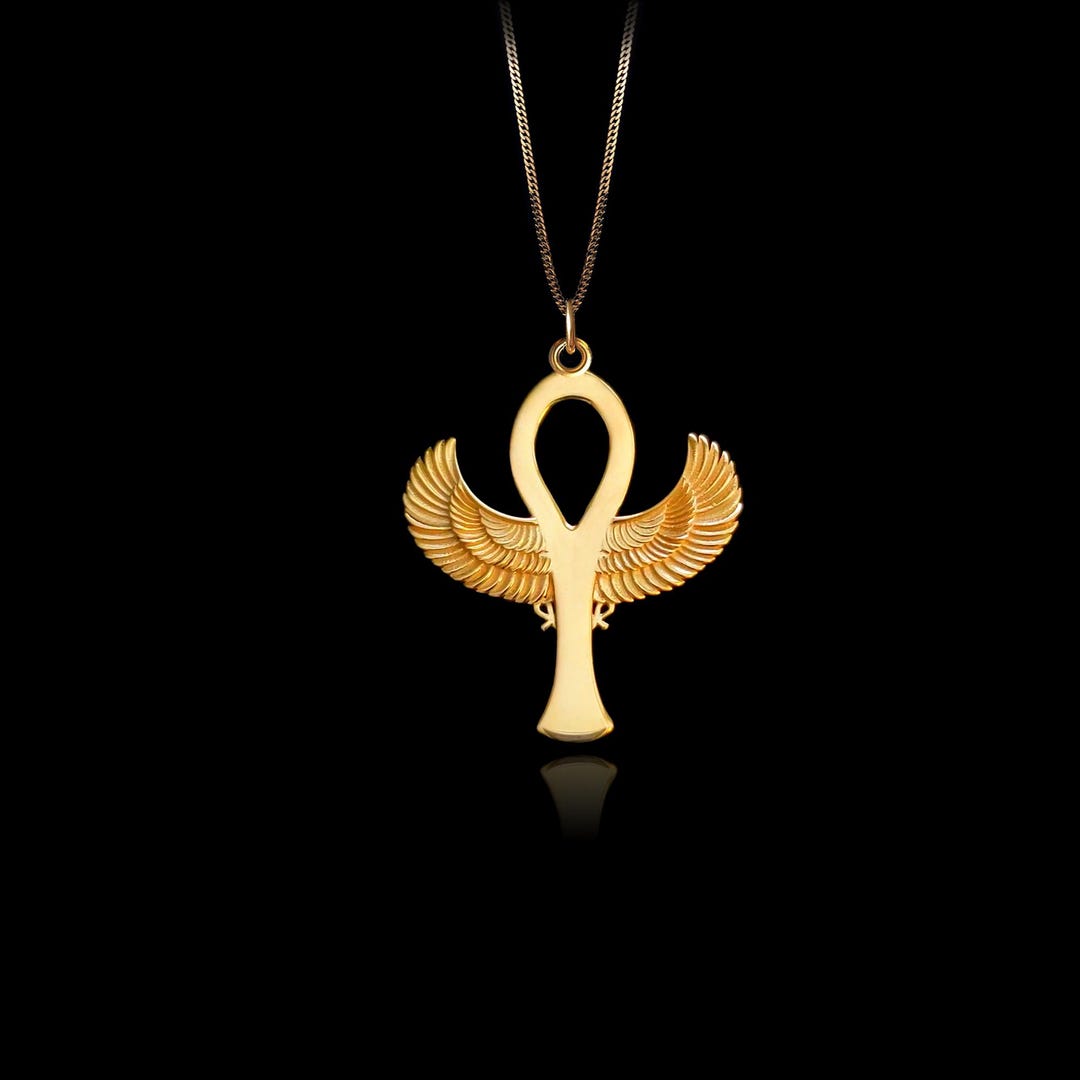 Gold Winged Ankh Pendant - Solid Gold Ankh Necklace, Egyptian Jewelry ...