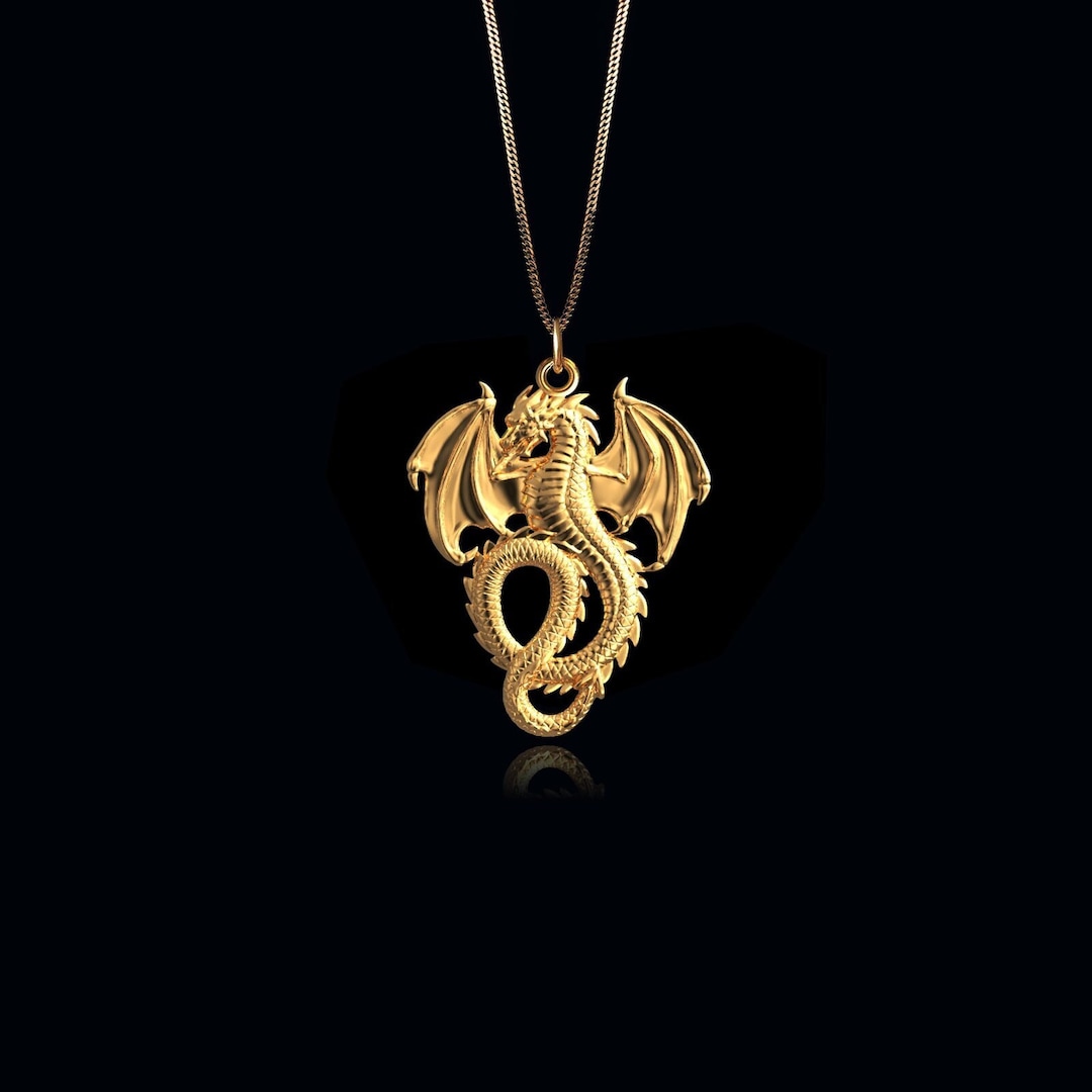 Gold Dragon Pendant 14k Solid Gold Dragon Necklace Dragon - Etsy