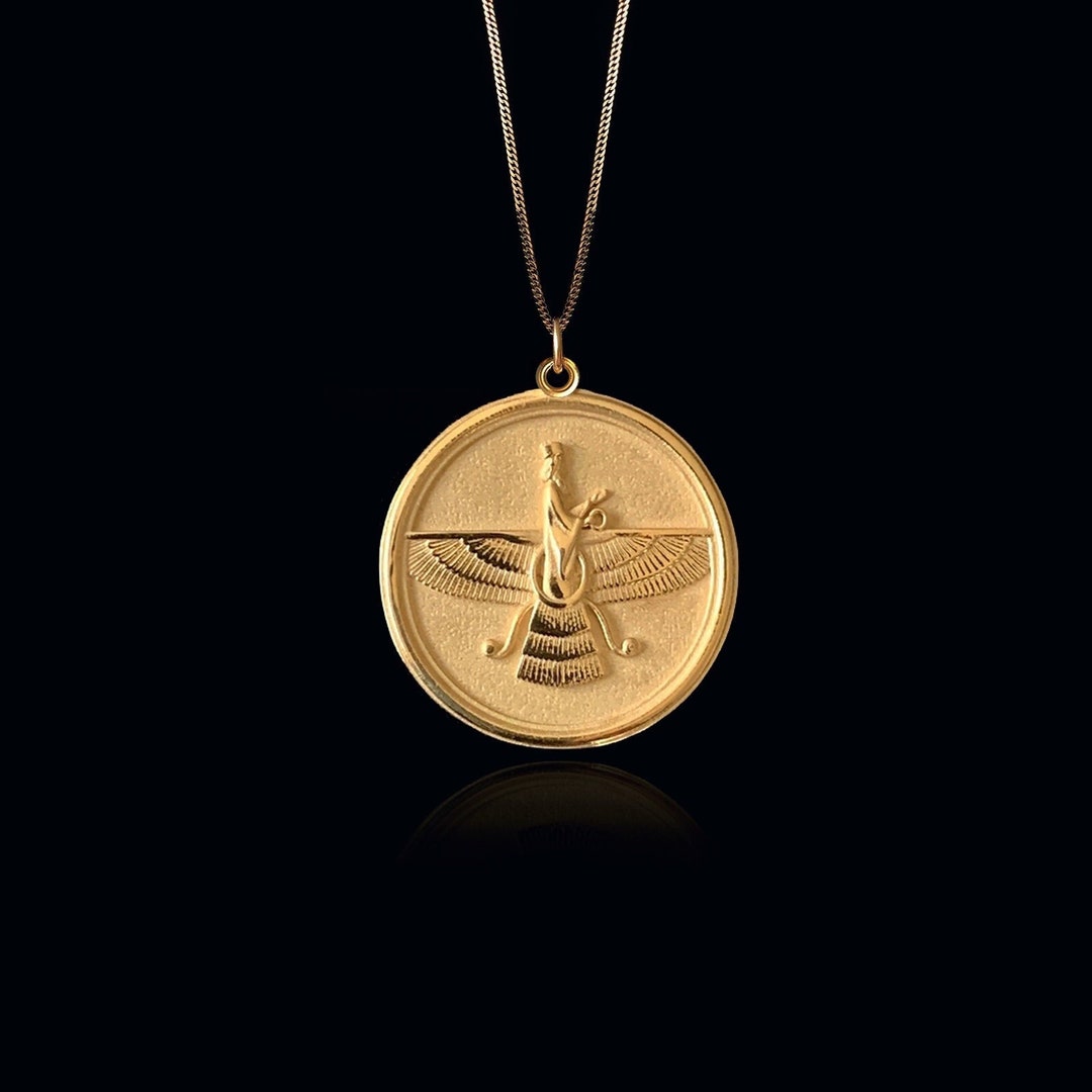 Gold Ahura Mazda Pendant 2 14k Solid Gold Assyrian Jewelry, Faravahar ...