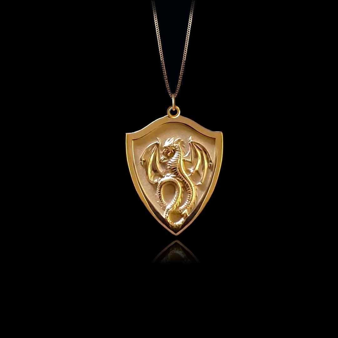 14k Solid Gold Dragon Shield Pendant Made in USA - Etsy
