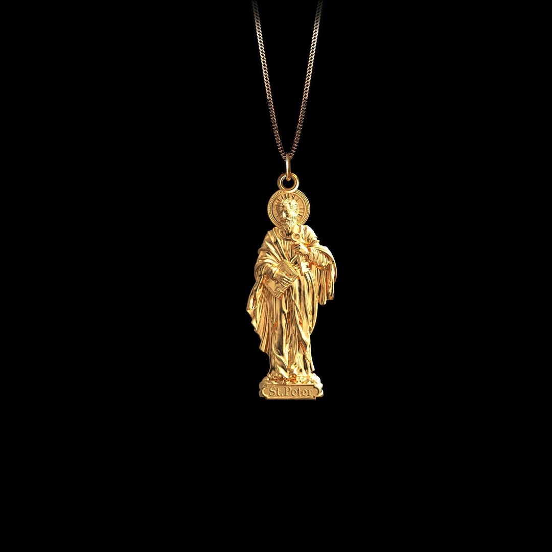 Gold St Peter Pendant - Solid Gold St Peter Necklace, Saint Jewelry ...