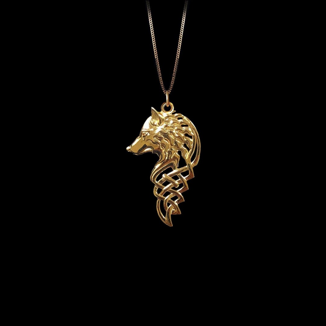 Gold Celtic Wolf Pendant 14k, 18k Solid Gold Wolf Head Necklace, Wolf ...