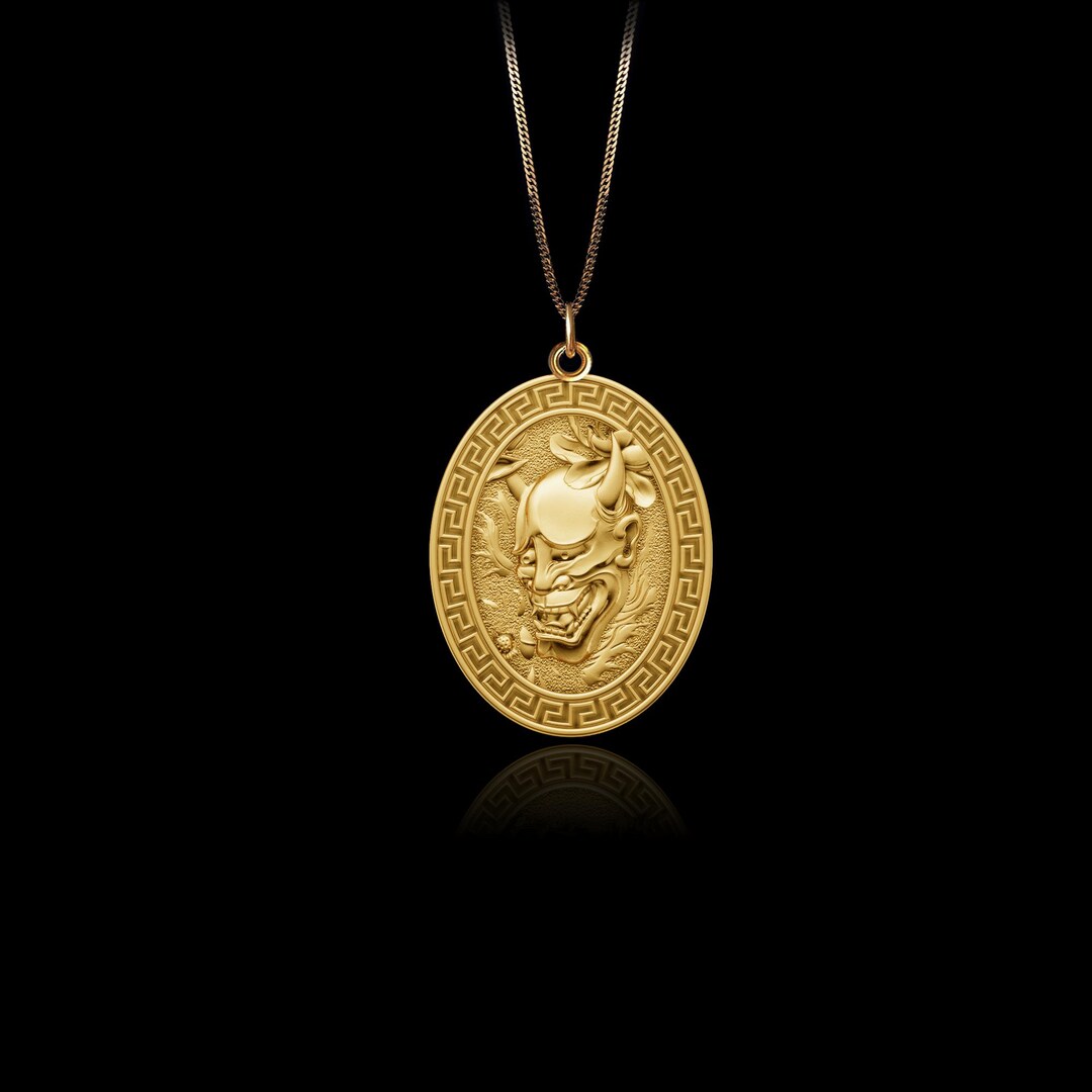 Gold Oni Mask Pendant- Solid Gold Japanese Demon Necklace, Men's Oni ...