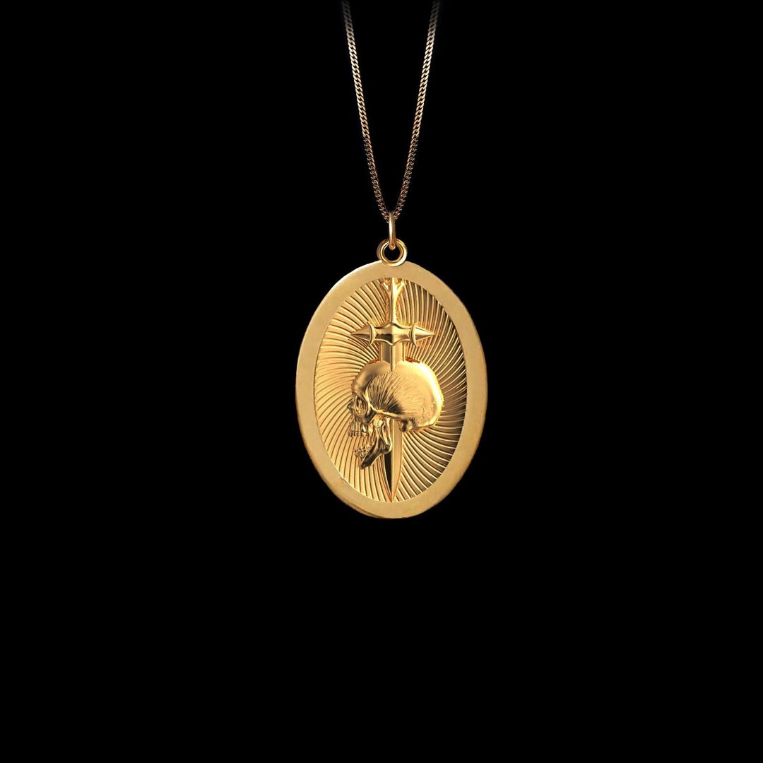 Gold Sliced Skull Medal - Solid Gold Skull Necklace, Men's Gothic ...