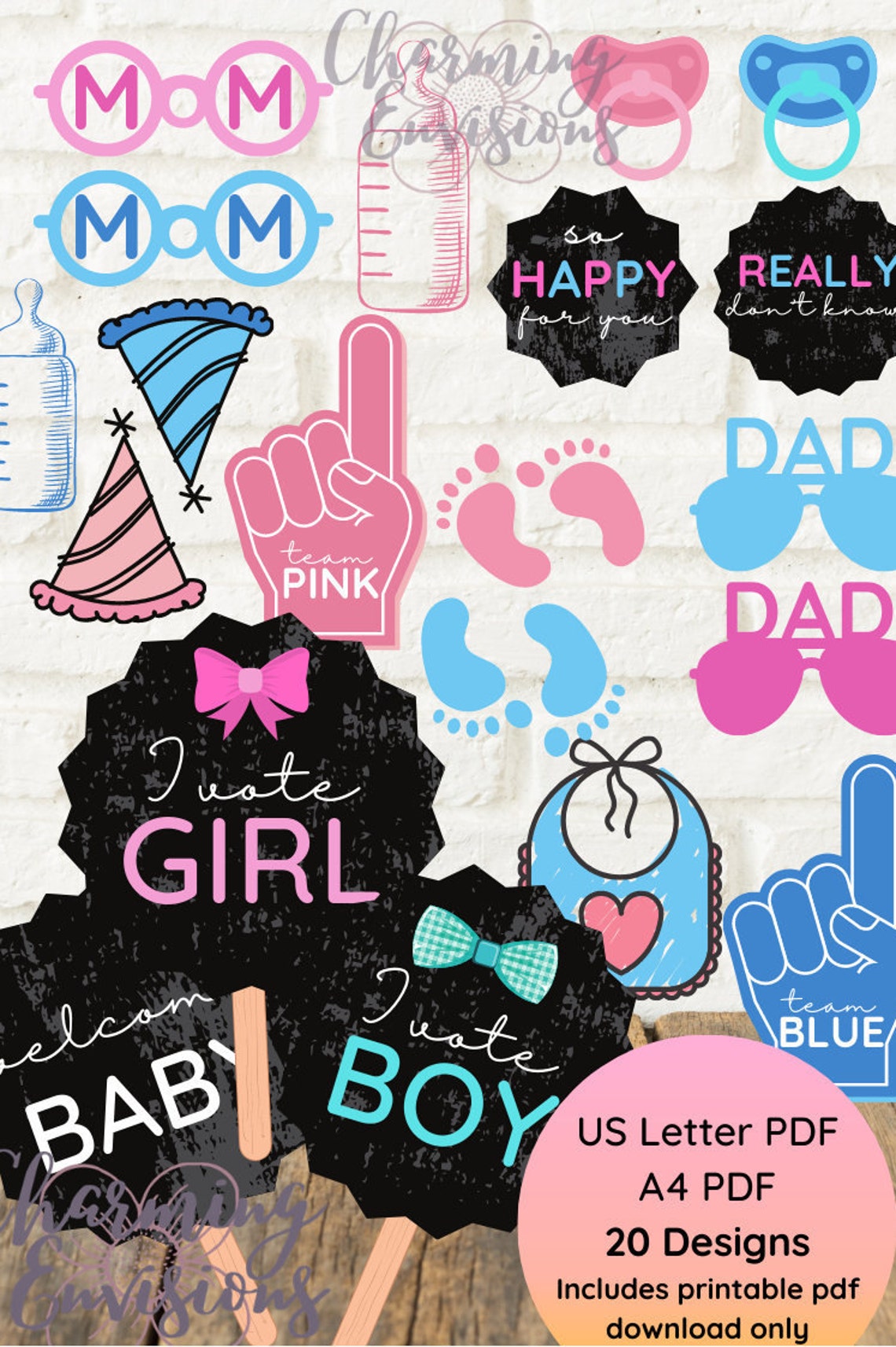 Baby Gender Reveal PDF Printable Cutout Photo Booth Props BOY or GIRL ...