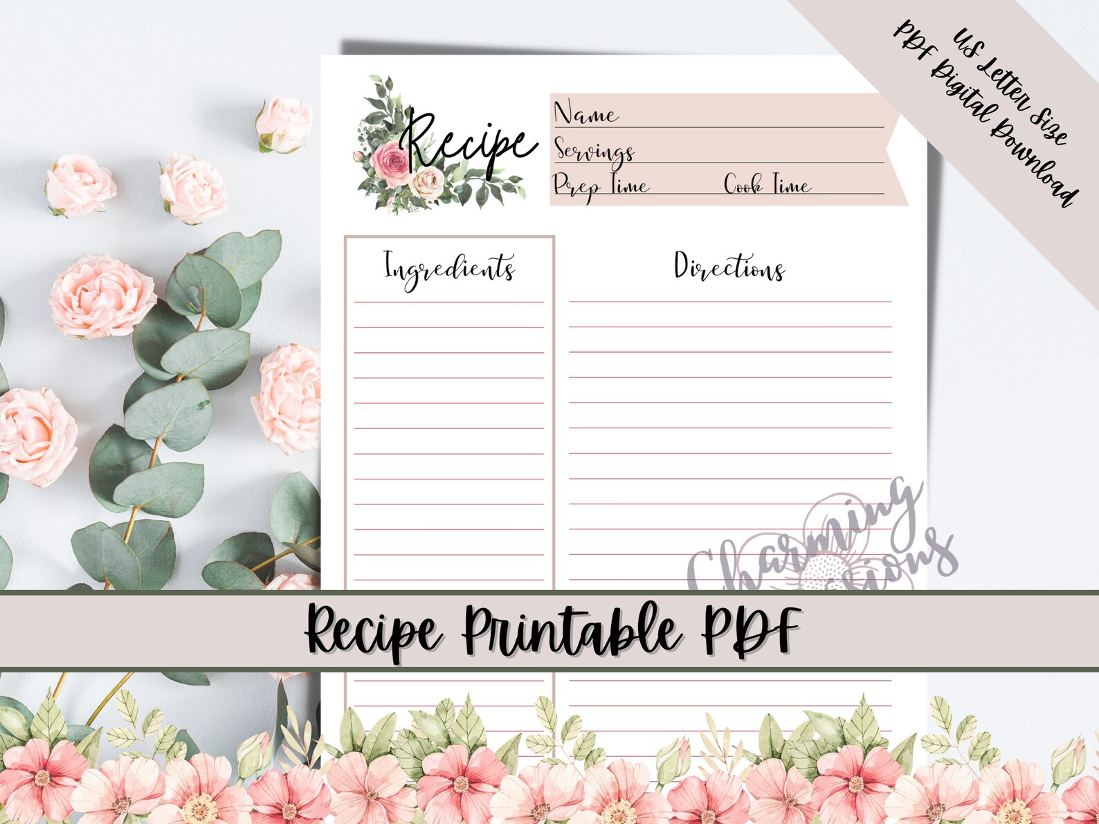 RECIPE Card, Sheet, Printable PDF for Recipe Book, Floral US Letter ...