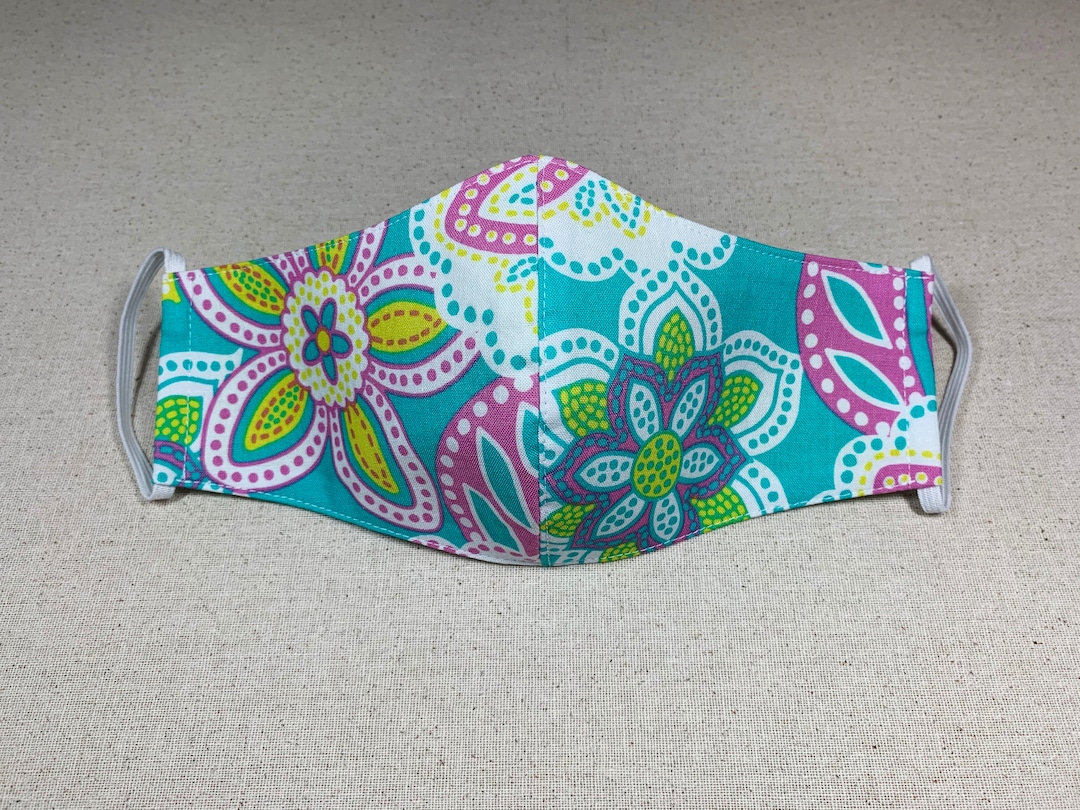 Dash-dot Floral Face Mask, Made in USA Face Mask, Teal Turquoise Modern ...