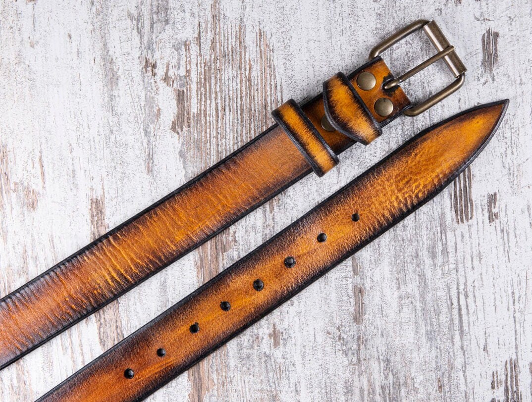 YELLOW Vintage Style Full Grain LEATHER BELT for Jeans/handmade ...