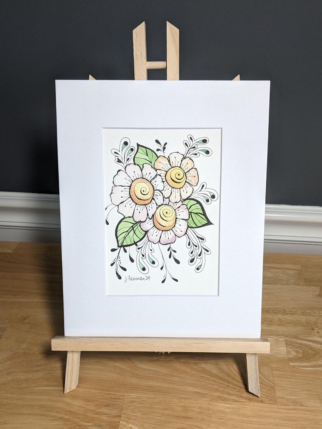 Whimsical Mums Watercolor Painting and Ink Drawing - 5x7 With 8x10 Mat ...