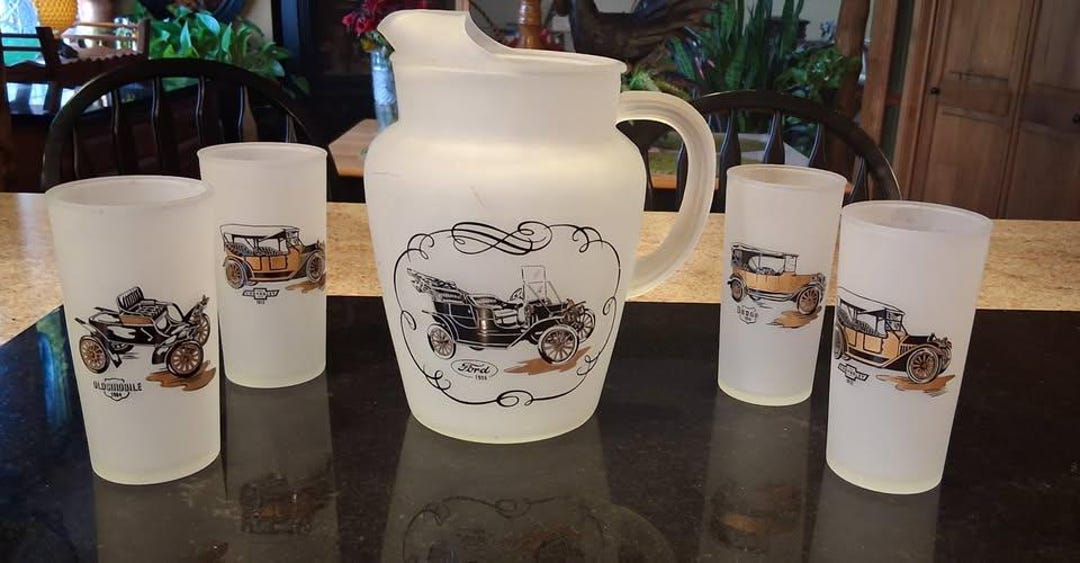 Vintage Hazel Atlas Frosted Antique Cars Pitcher and Set of 4 Tumblers ...