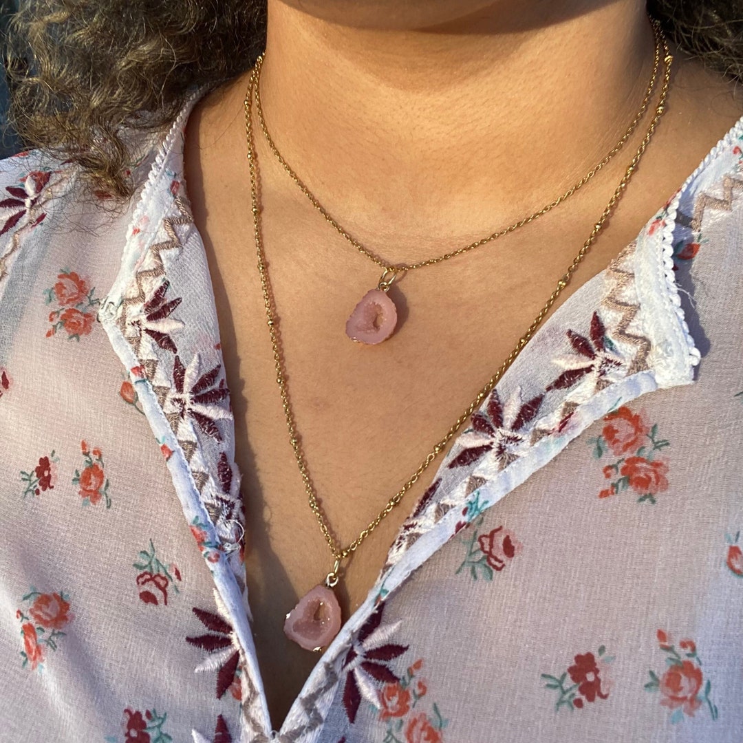 Pink Lemonade Geode Resin Necklace - Gold Plated Stainless Steel Chain ...