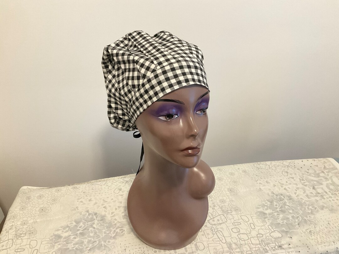 Bouffant Style Black and White Checkers Scrub Caps, Nurses Hat, Cotton ...