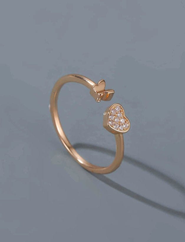 Adjustable Ring With Heart & Butterfly in Gold, Butterfly Ring With ...