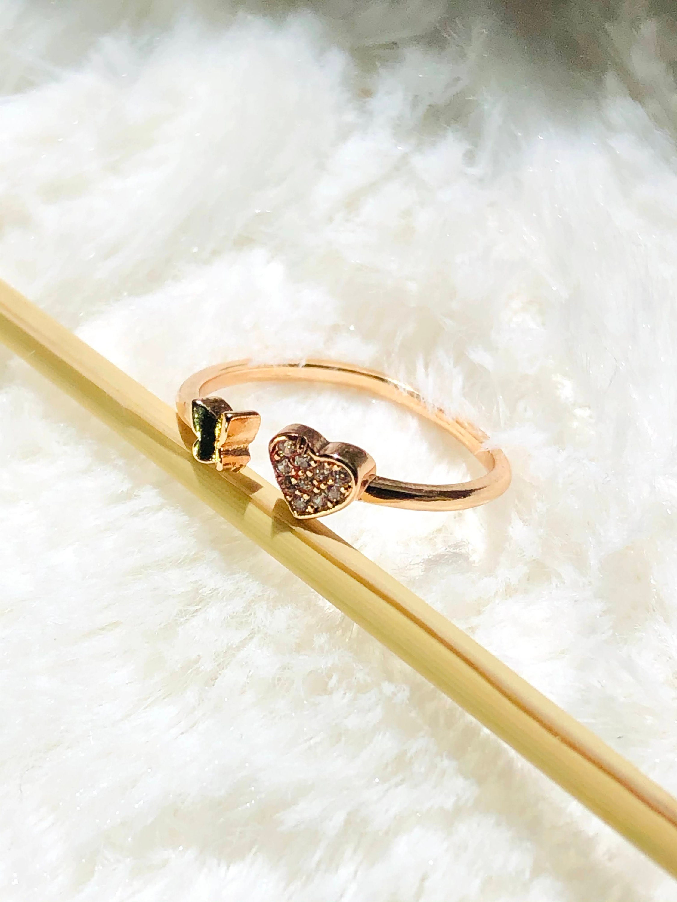 Adjustable Ring With Heart & Butterfly in Gold, Butterfly Ring With ...