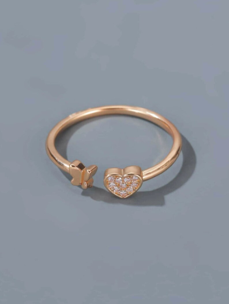Adjustable Ring With Heart & Butterfly in Gold, Butterfly Ring With ...