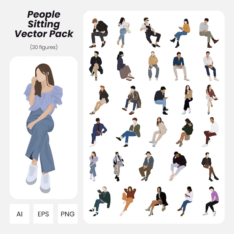 People Sitting Vector Pack: 30 Flat Human Figures (AI, PNG, EPS Instant ...