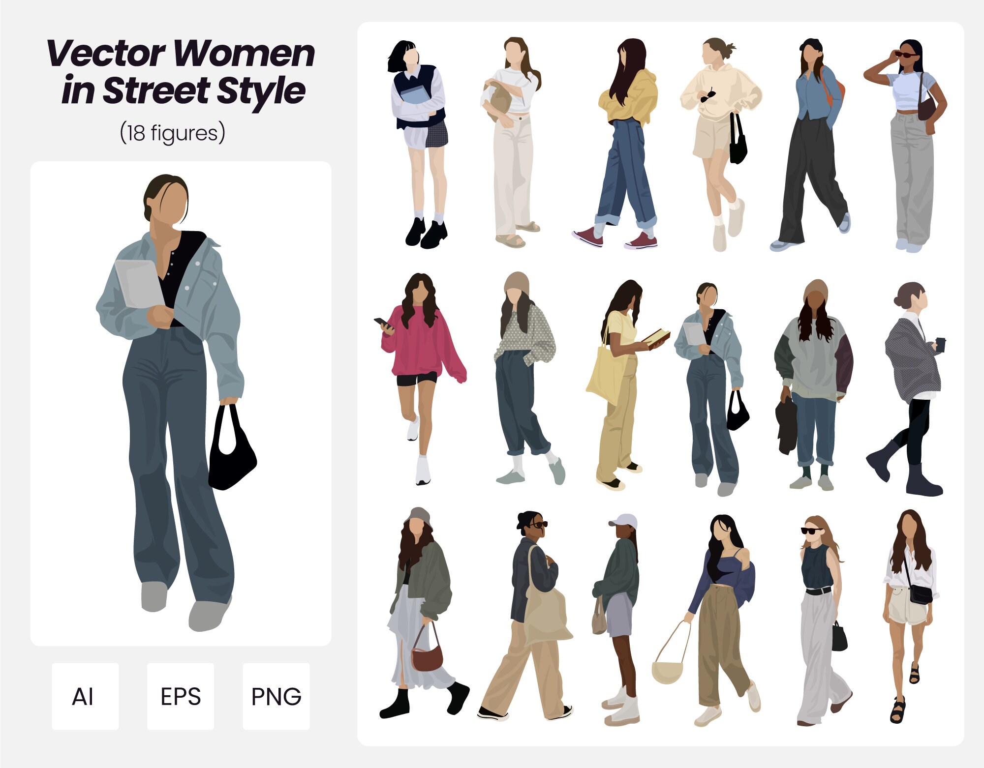 Flat Vector Women Street Style | 18 Pack Vector Women Illustrations ...