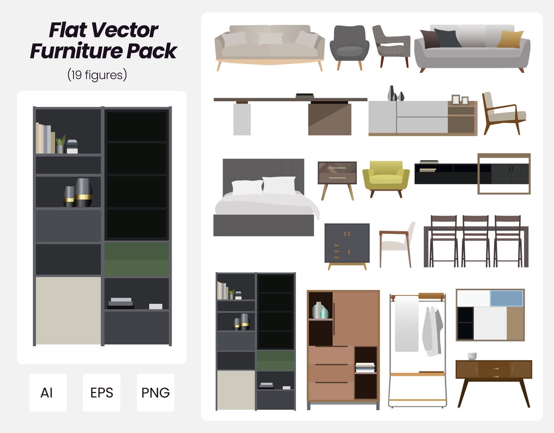Flat Vector Interior Furniture Pack Front & Side View / 19 Pack Vector ...
